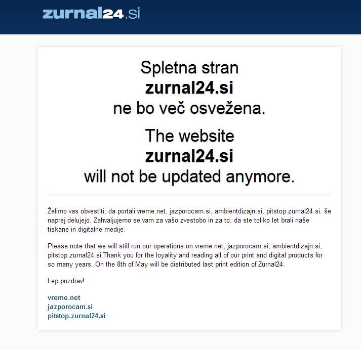 Zurnal24.si od danes ne dela več (spletna stran je ukinjena), jutri ...