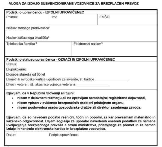 Vloga za brezplačno vozovnico za upokojence, invalide, vojne veterane in starejše od 65 let ...