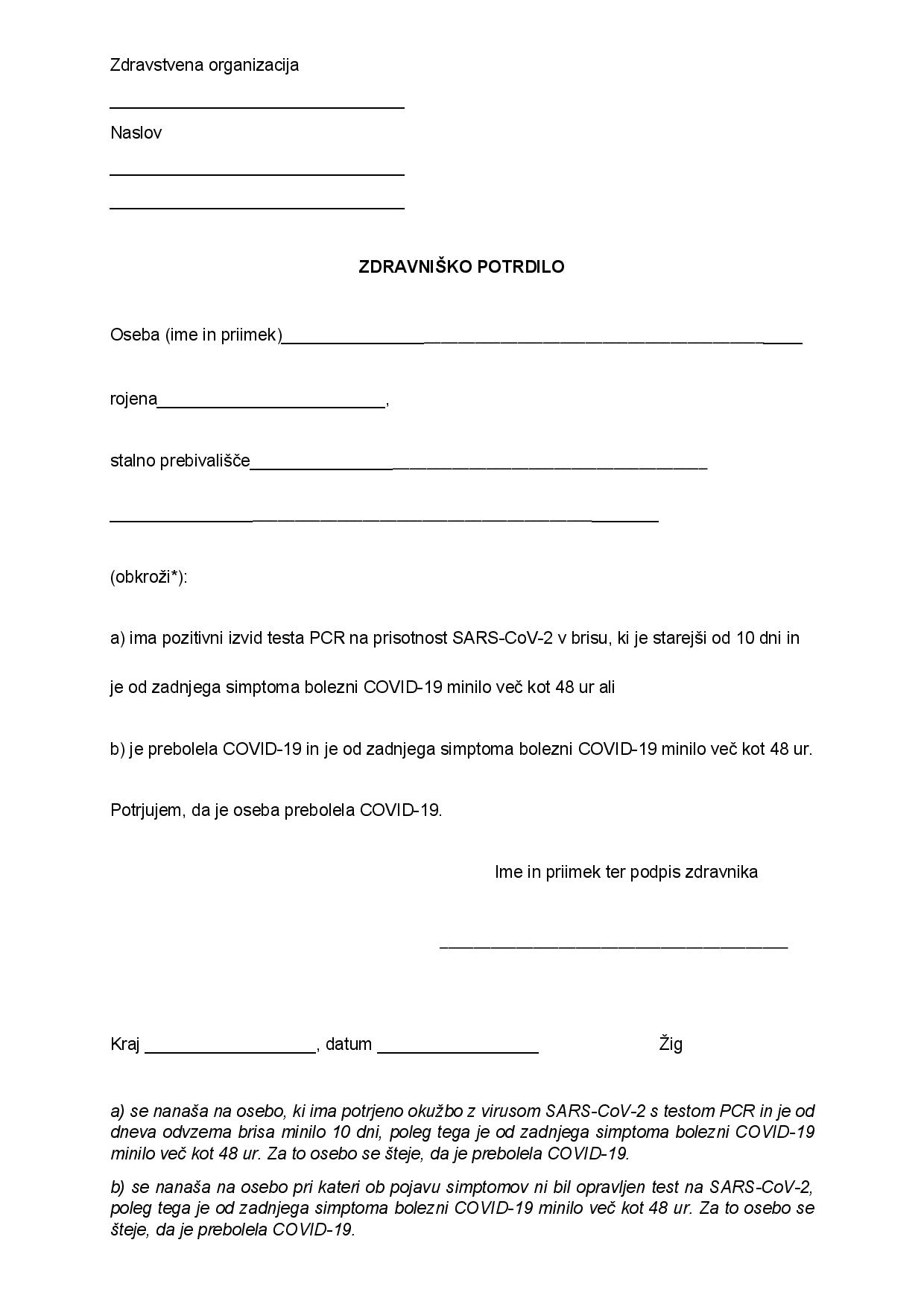 Potrdilo za osebe, ki so prebolele COVID-19 (Word / PDF obrazec), ki za ...