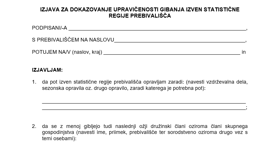 Izjava za prehod med regijami / Obrazec za prehajanje med regijami ...