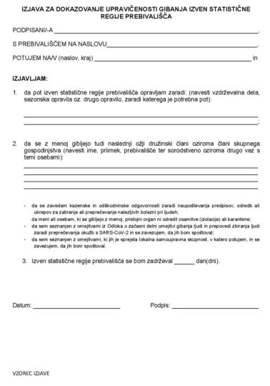 Izjava za prehod med regijami / Obrazec za prehajanje med regijami ...