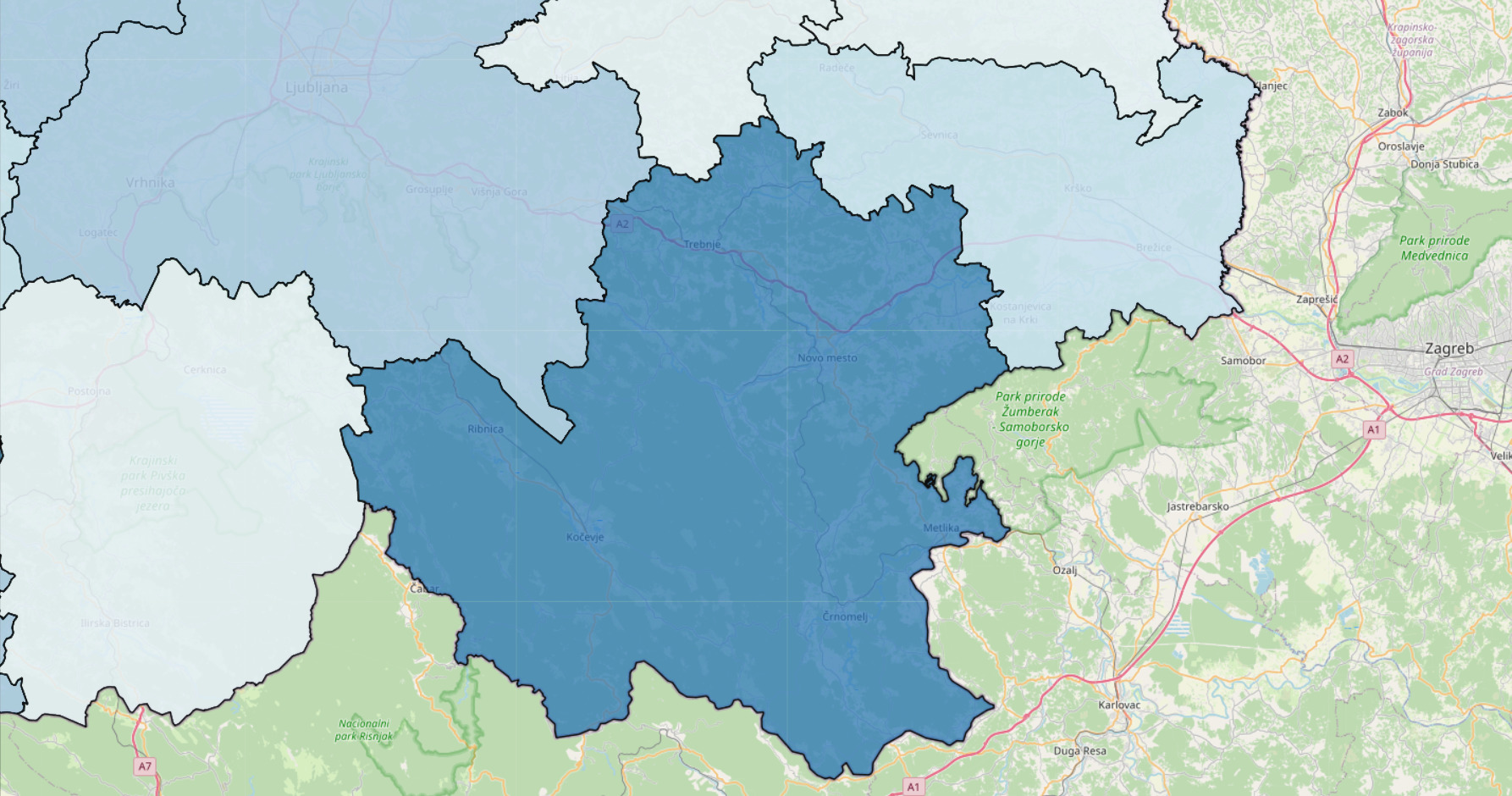 Jugovzhodna regija (Jugovzhodna Slovenija) – meja, občine, zemljevid ...