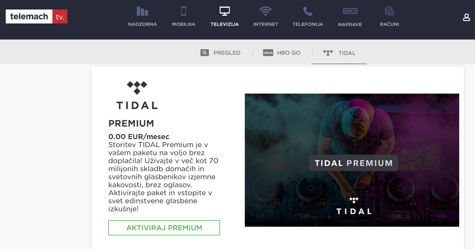 Telemach TIDAL aktivacija storitve TIDAL Premium, ki je brezplačna za ...