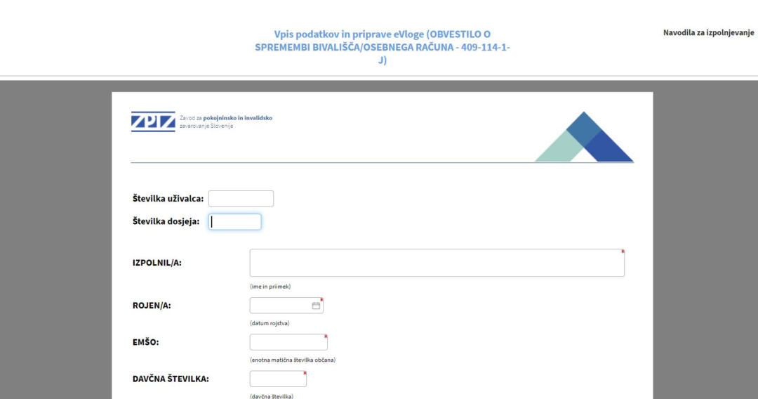 Pokojnina ZPIZ obrazec za spremembo bančnega računa (osebnega računa TRR) za nakazilo pokojnine ...